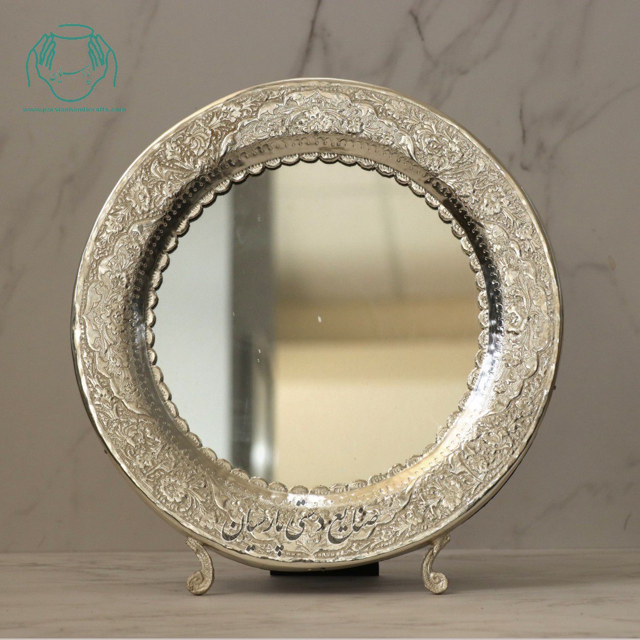 آینه گرد قلمزنی نقره نما شبه نقره سایز 40 |صنایع دستی پارسیان